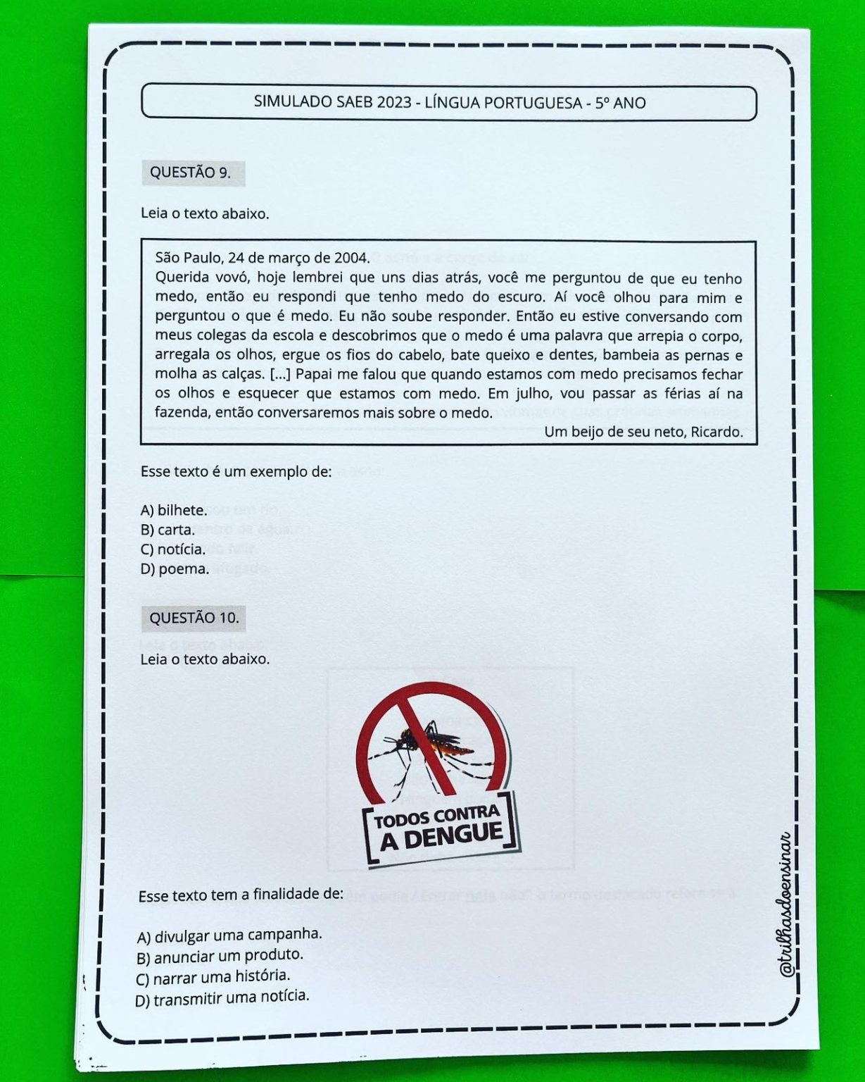 SIMULADO SAEB 2023 – 5° ANO – LÍNGUA PORTUGUESA E MATEMÁTICA. – TRILHAS DO ENSINAR