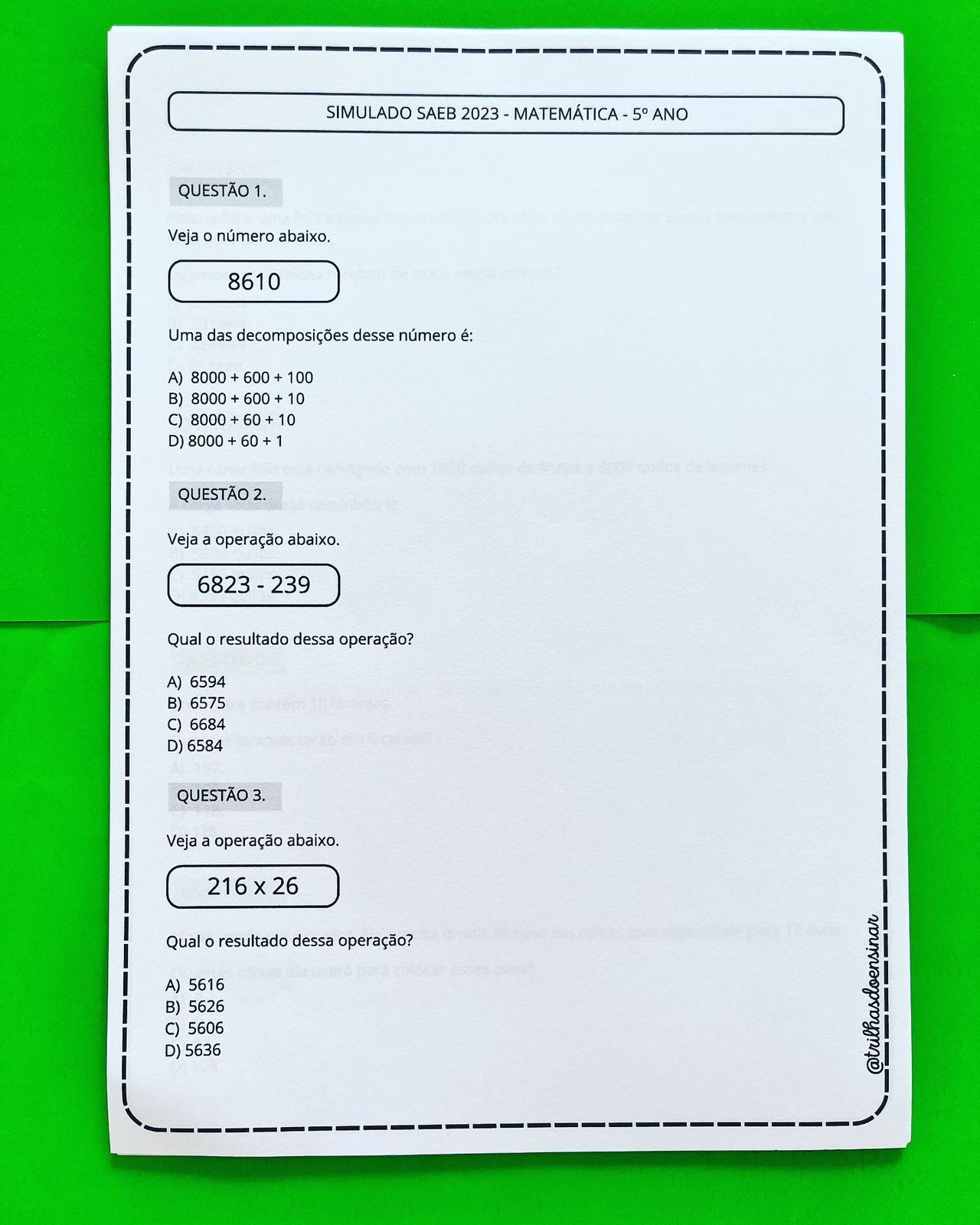 SIMULADO SAEB 2023 – 5° ANO – LÍNGUA PORTUGUESA E MATEMÁTICA. – TRILHAS DO ENSINAR