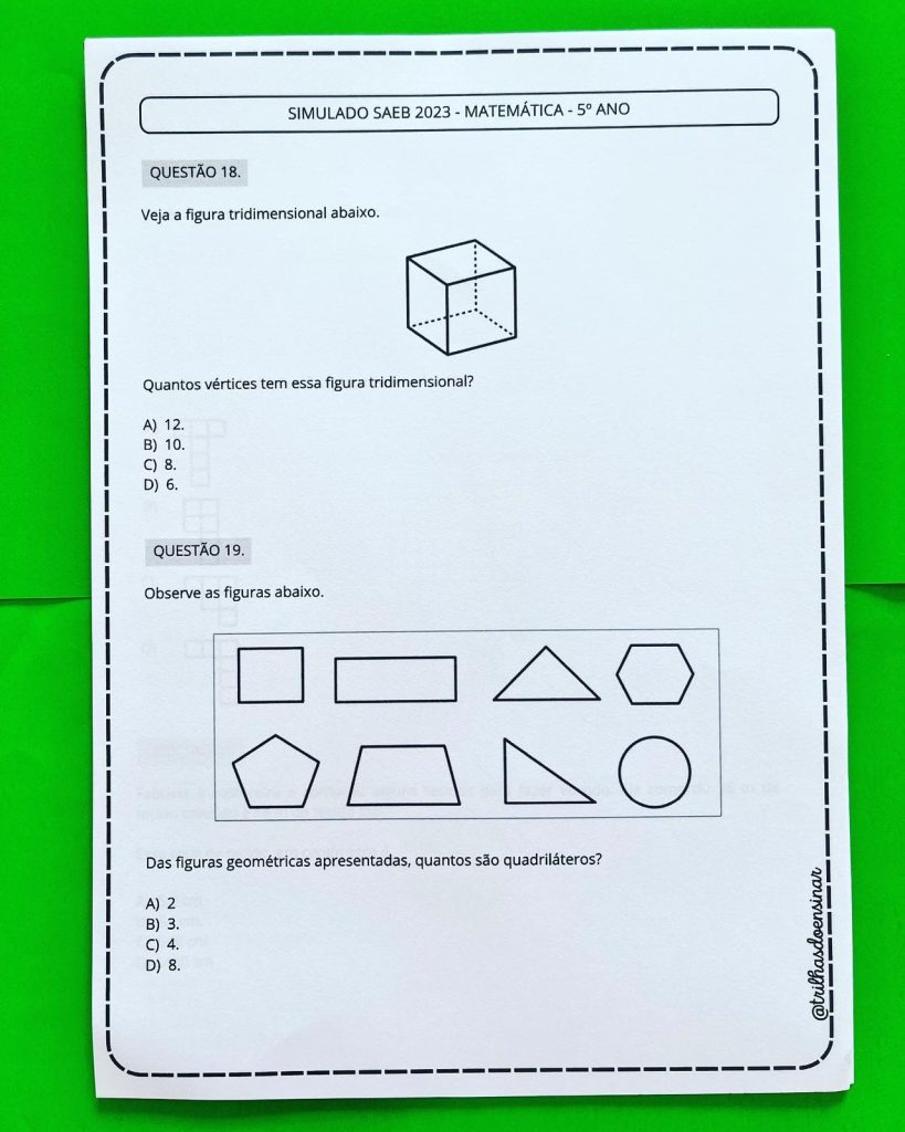 SIMULADO SAEB 2023 – 5° ANO – LÍNGUA PORTUGUESA E MATEMÁTICA. – TRILHAS DO ENSINAR