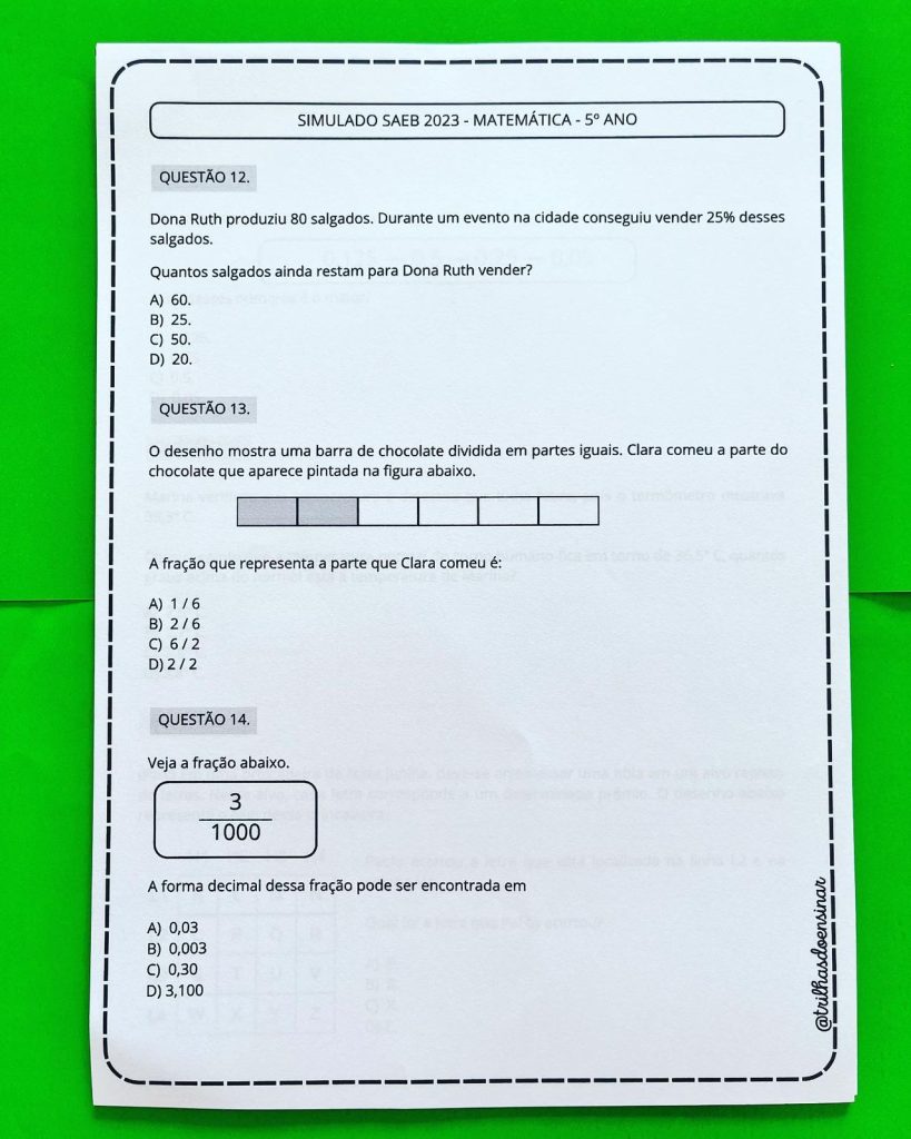 SIMULADO SAEB 2023 – 5° ANO – LÍNGUA PORTUGUESA E MATEMÁTICA. – TRILHAS DO ENSINAR