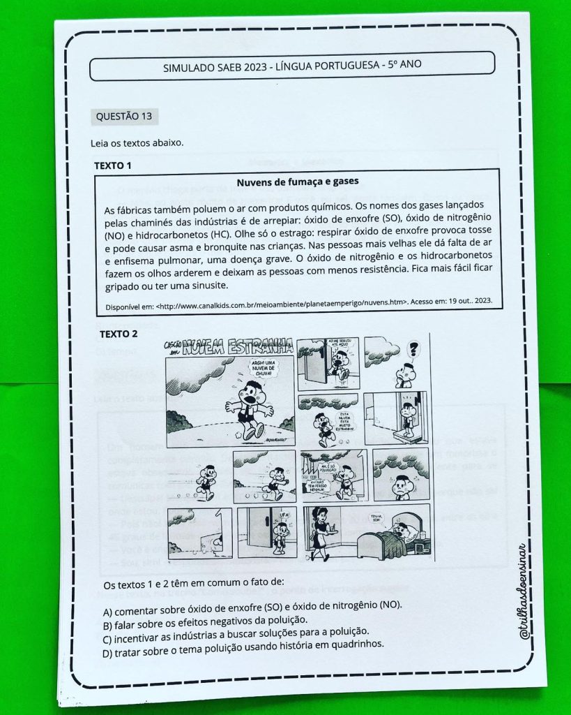 SIMULADO SAEB 2023 – 5° ANO – LÍNGUA PORTUGUESA E MATEMÁTICA. – TRILHAS DO ENSINAR