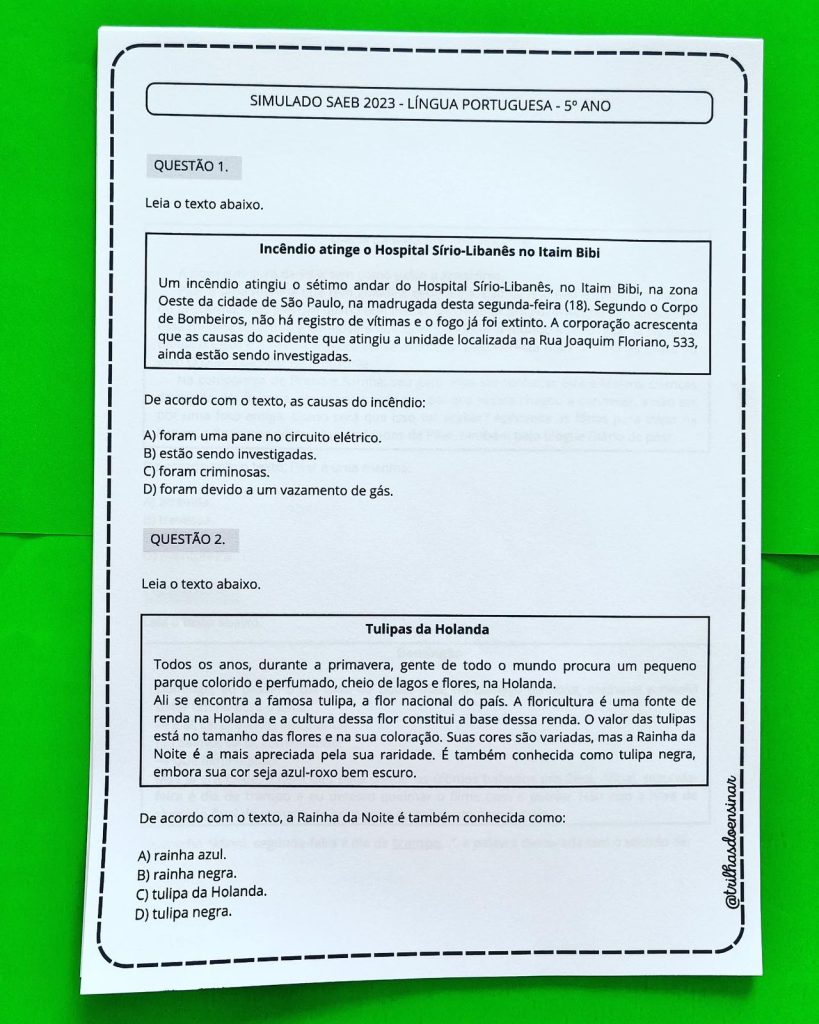SIMULADO SAEB 2023 – 5° ANO – LÍNGUA PORTUGUESA E MATEMÁTICA. – TRILHAS DO ENSINAR